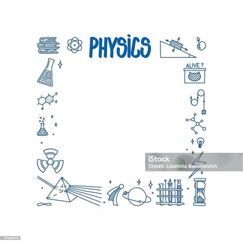 물리학은 가벼운 프리즘 책 원자와 다른 실험낙서 텍스트 공간이 있는 사각형 프레임입니다 흰색 배경에서 격리 된 물리 이론 요소 벡터 일러스트레이션 개체 그룹에 대한 스톡