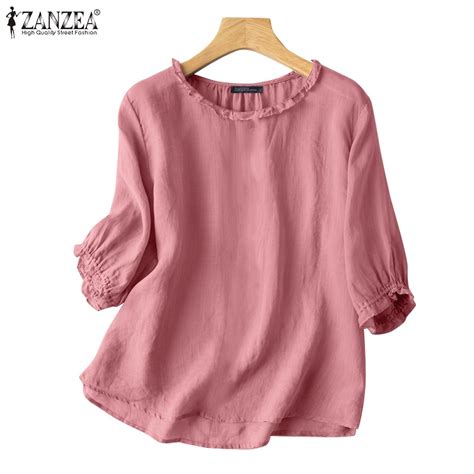 Zanzea เสื้อเบลาส์ลําลอง คอกลม แขนสามส่วน แต่งระบาย สําหรับผู้หญิง Shopee Thailand