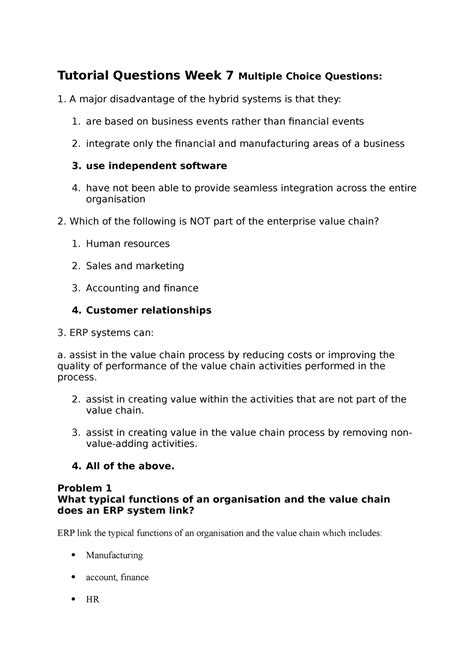 Tutorial Questions Week 7 Multiple Choice Questions Tutorial