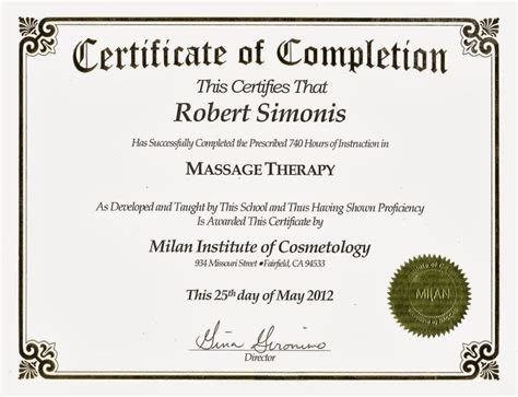 Certificate Of Completion For Massage Therapy Company