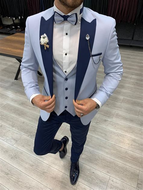Buy Sky Blue Slim Fit Peak Lapel Tuxedo By Gentwith Free Shipping Slim Fit Tuxedo Tuxedo
