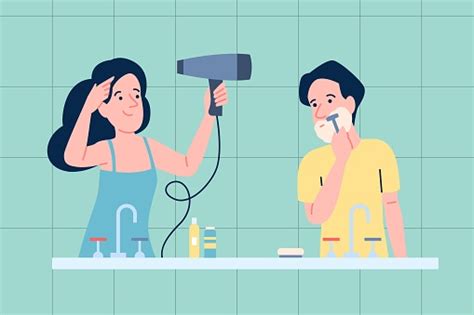 커플이 욕실에서 출근 준비를 하고 있습니다 소녀는 헤어 드라이어로 머리를 말리고 남자는 면도를합니다 아침 또는 저녁 일상 생활 자기 위생 벡터 장면 개성 개념에 대한 스톡