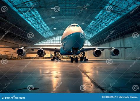 Big Passenger Aircraft On Maintenance In Airport Hangar Stock