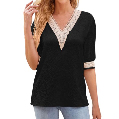 Dream Womens Plus Size Blouses V Neck Lace Sa Mid Sleeve Fashion Shirt