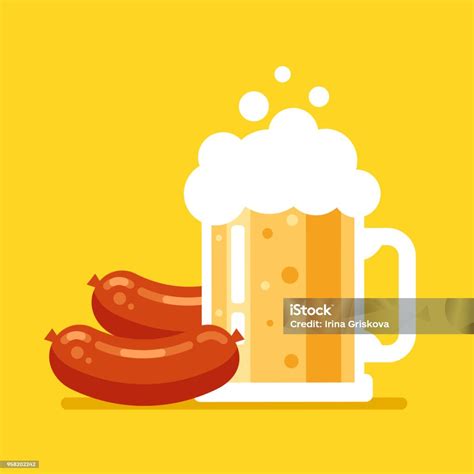 소시지와 거품 라이트 맥주의 파인트 찻잔 유리 펍 Octoberfest 알코올 개념 바입니다 벡터 평면 만화 절연 그래픽 디자인 일러스트 레이 션 0명에 대한 스톡 벡터