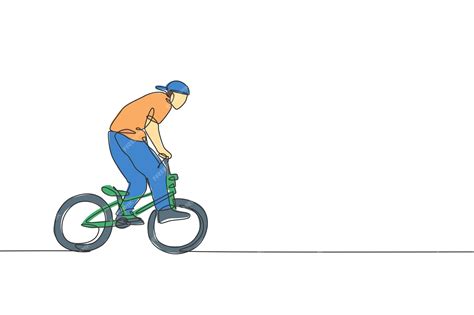 스케이트파크 포스터에서 공중 묘기를 타고 날아다니는 젊은 Bmx 자전거 라이더의 연속 선 그림 프리미엄 벡터
