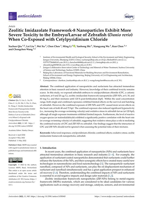 Pdf Zeolitic Imidazolate Framework 8 Nanoparticles Exhibit More Severe Toxicity To The Embryo