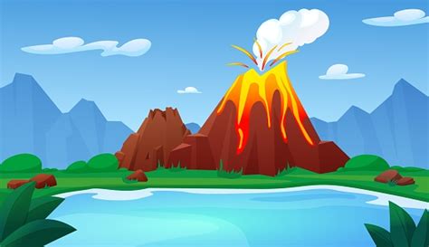 Pemandangan Ledakan Gunung Berapi Dengan Aliran Magma Dan Lava Api Dan Awan Abu Proses Letusan