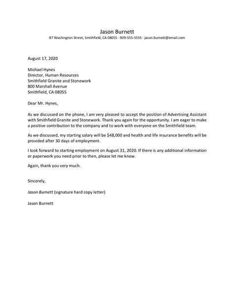 Job Offer Acceptance Letter And Email Examples Acknowledgement Of Job Offer Letter Sample