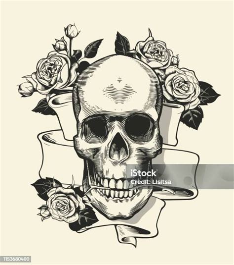 장미와 인간의 두개골은 배경에 턱과 리본을 잡아 죽음과 악의 상징 라벨 배너 문신 T 셔츠 인쇄에 대 한 복고풍 에칭 또는 목