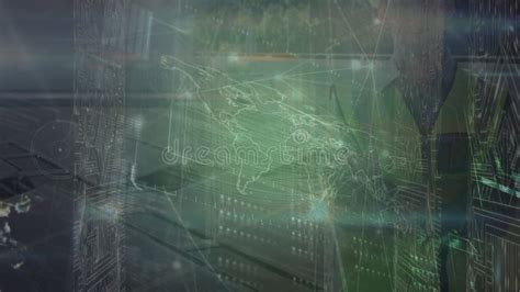 Animation Of Data Processing World Map Over Caucasian Engineer Working