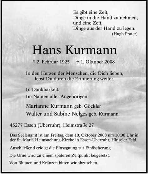 Traueranzeigen Von Hans Kurmann Trauer In Nrw De