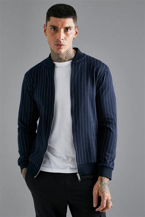 Slim Fit Pinstripe Jacquard Bomber Jacket Boohoo