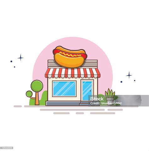 핫도그 숍 푸드 샵 플랫 스타일 디자인 일러스트레이션의 상점 아이콘의 외관 거리에 대한 스톡 벡터 아트 및 기타 이미지 거리