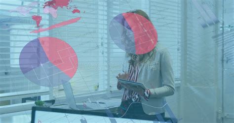 Animation Of Statistical Data Processing Against Thoughtful Caucasian Woman Taking Notes At