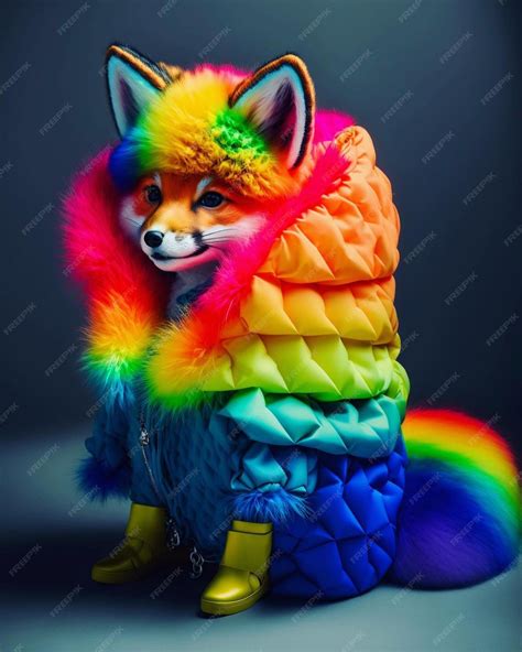 Premium Photo A Rainbow Colored Fox Is Wearing A Jacket That Says Fox