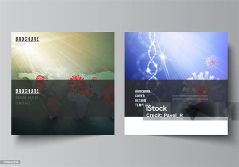 브로셔 잡지 표지 디자인 책 디자인 브로셔 커버를위한 두 개의 정사각형 표지 템플릿의 벡터 레이아웃 코로나 바이러스의 3d 의료 배경 코비드 19 코로나바이러스 감염