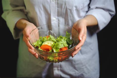 A Plate Of Vegetable Salad In The Hands Of The Chef Stock Image Image Of Person Meal