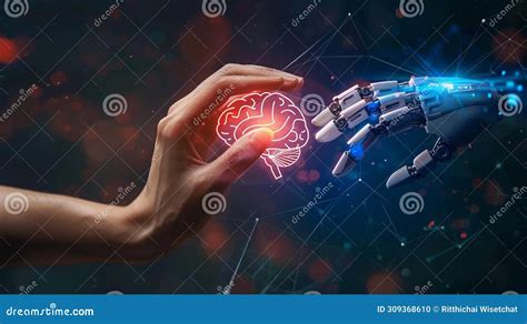 Human Hand Touching A Holographic Brain Interfacing With A Robotic Arm