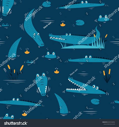 Hand Drawing Cute Crocodile Seamless Pattern Stock Vector Royalty Free