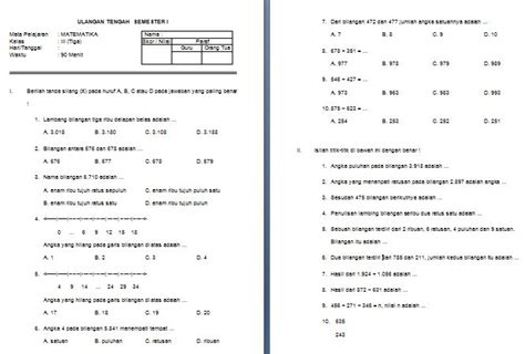 Contoh Soal Latihan UTS SD Kelas III Semester 1 Mata Pelajaran Matematika Format Microsoft Word