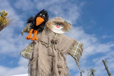 Lindo Espantapájaros Humanoide Junto Con Un Cuervo Sobre Un Fondo De Cielo Azul Ucrania Cerrar