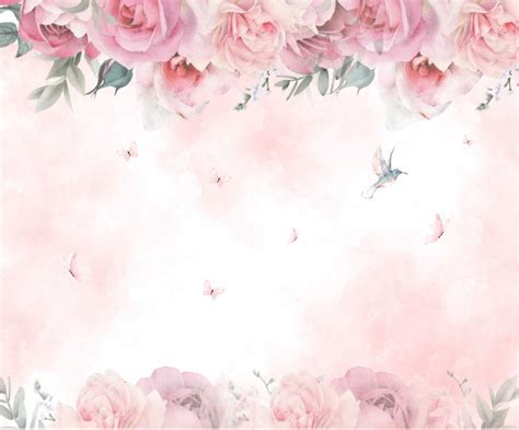 Papel De Parede Rosas Aquarela Fundo Rosa Flores E Borboletas Beija