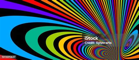 다채로운 무지개 추상 벡터 라인 환각 착시 일러스트 초 3d 관점에서 초현실적 인 Op 아트 선형 곡선 미친 왜곡 된 디자인 약물 환각 정신 착란 0명에 대한 스톡 벡터