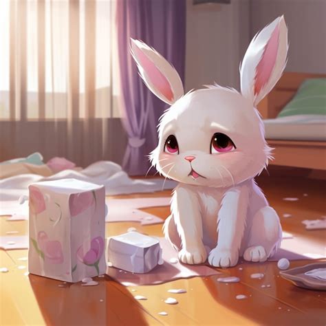 Premium AI Image There Is A White Rabbit Sitting On The Floor Next To