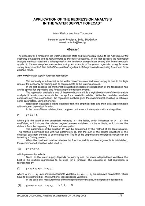 Pdf Application Of The Regression Analysis In The Water Supply Forecast