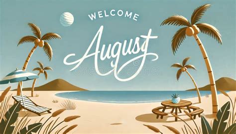 Joyful Beach Scene With Welcome August Message On Natural Scenery Stock