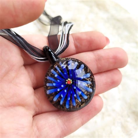 Murano Glass Necklace Blue Flower Pendant Necklace Lampwork Etsy