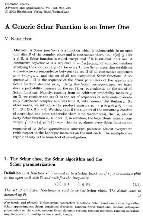 Pdf A Generic Schur Function Is An Inner One