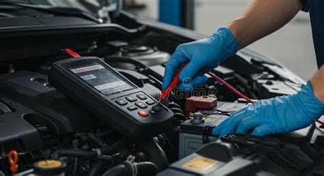Auto Mechanic Testing Car Battery Voltage With Digital Multimeter Stock Illustration
