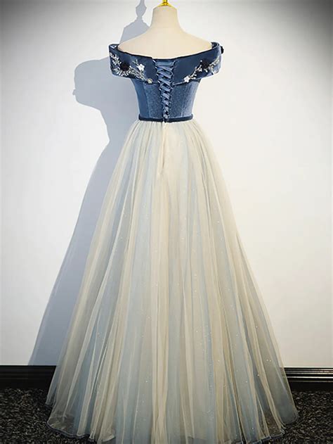 Off The Shoulder Blue Velvet Long Tulle Prom Dresses Off Shoulder Blu
