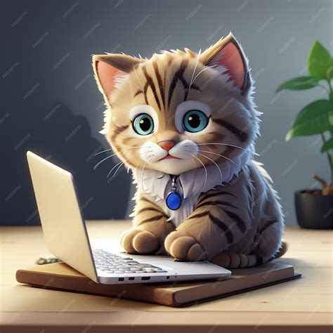 Cute Cat Sitting On Laptop With Coffee And Plant Vector Illustration Developer And Programmer