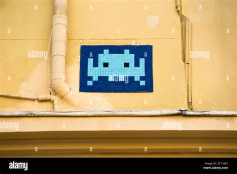 Wall Mosaic Of A Space Invader Character From The Famous Video Game