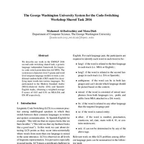 The George Washington University System For The Code Switching Workshop