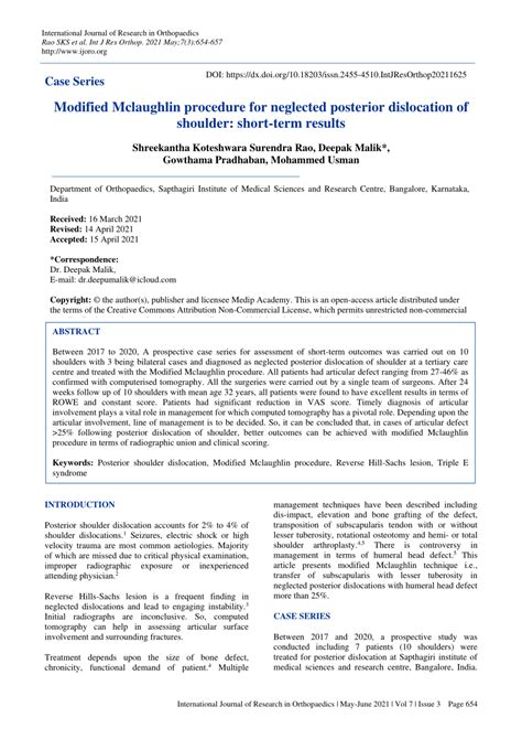 Pdf Modified Mclaughlin Procedure For Neglected Posterior Dislocation