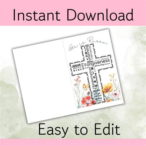He Is Risen Word Art Cross Easter Card Christian Printable Card