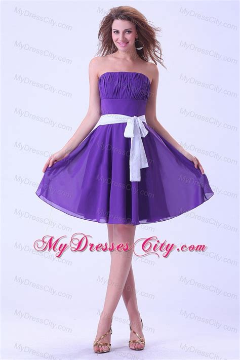 Purple Chiffon Knee Length Bridesmaid Dress With White Sash