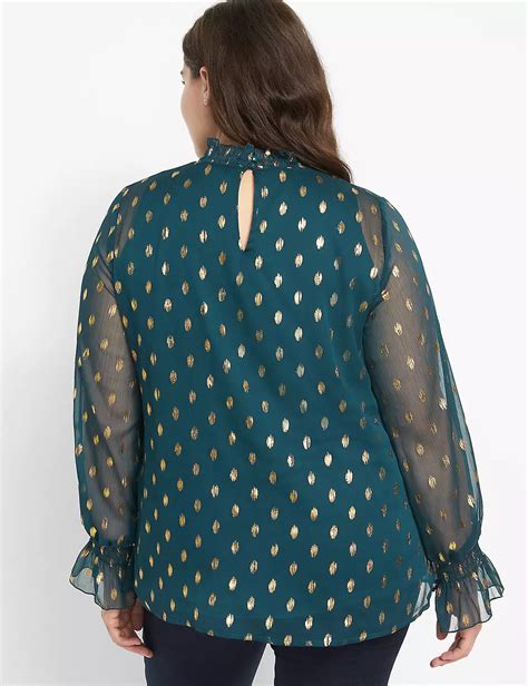 Mock Neck Ruffle Cuff Blouse