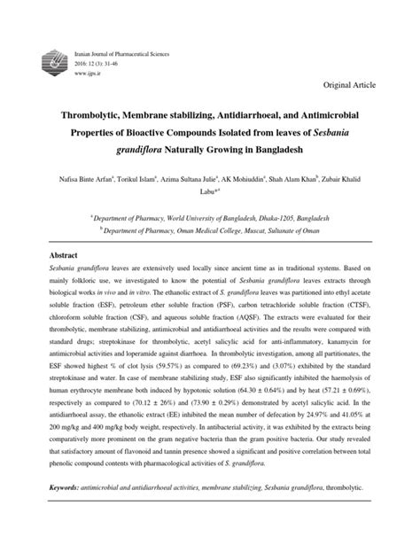 Thrombolytic Membrane Stabilizing Antidiarrhoeal And Antimicrobial
