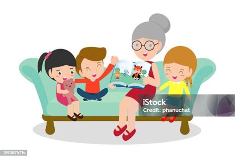 할머니 그녀의 손자에 게 동화를 읽고 읽고 이야기 책 동화 이야기 아이 들에 게 그들의 할머니 듣기 벡터 일러스트 레이 션