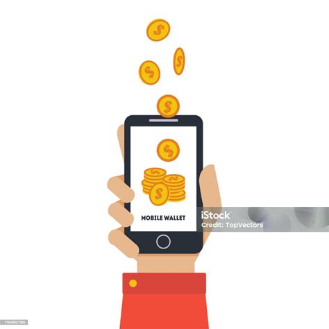 디지털 모바일 지갑 손을 잡고 스마트 폰 무선 송금 사람들은 휴대 전화 벡터 일러스트 레이 션으로 돈을 보내고 받는 사람