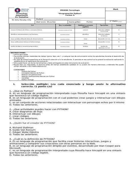 2° Medio Prueba Python Unidad 1 2024 Forma A Pdf Python Lenguaje De Programación