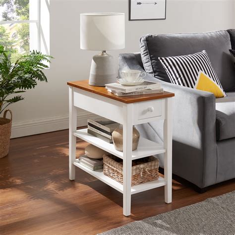 Narrow Small End Table With Charging Ports Wooden Bed Side Table With Drawer Flip Open Top 2