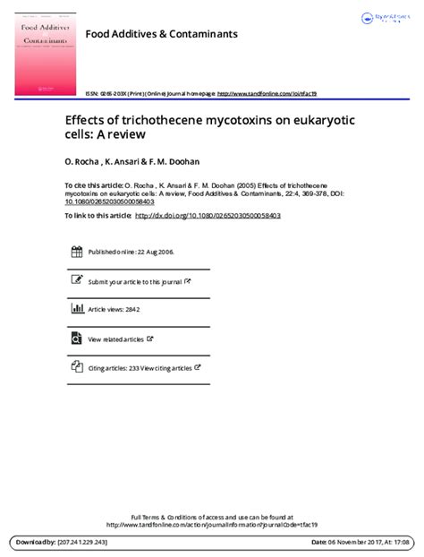 Pdf Effects Of Trichothecene Mycotoxins On Eukaryotic Cells A Review