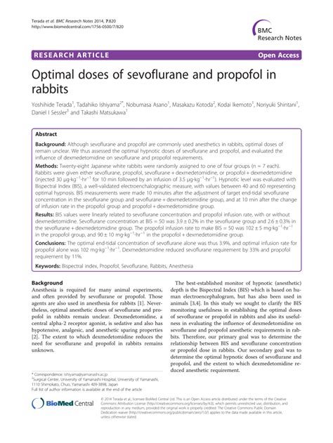 Pdf Optimal Doses Of Sevoflurane And Propofol In Rabbits