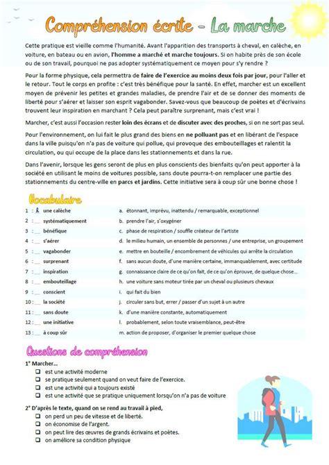 Texte et exercices de compréhension et dexpression A2 La marche 1